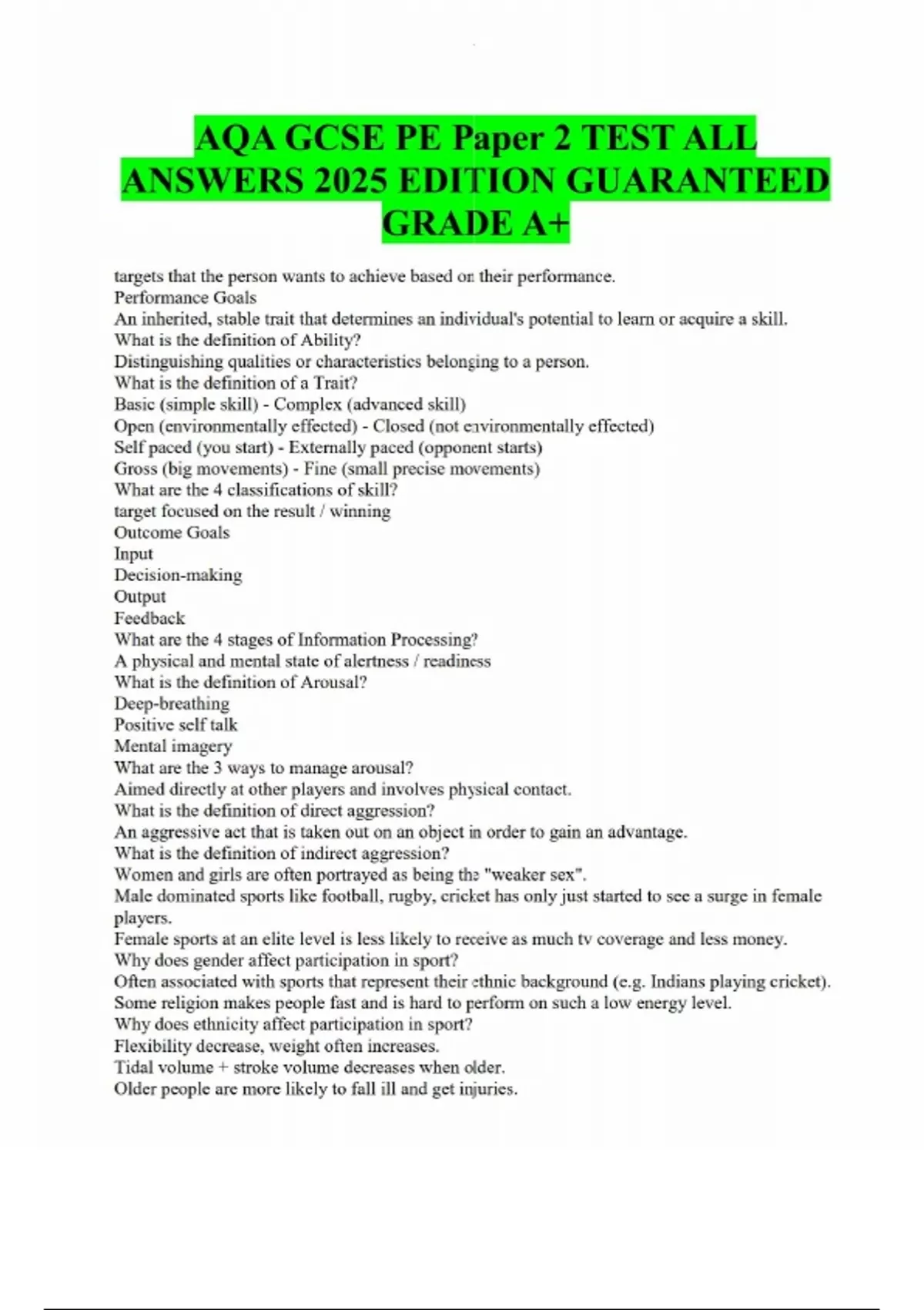 AQA GCSE PE Paper 2 TEST ALL ANSWERS 2025 EDITION GUARANTEED GRADE A+ ...