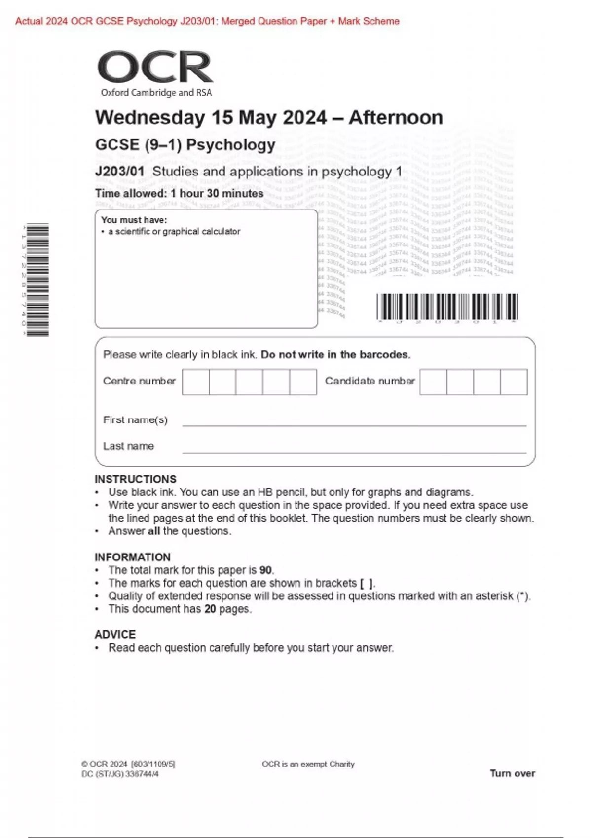 Actual 2024 OCR GCSE Psychology J203/01: Studies and applications in Psychology 1 MergedQuestion ...