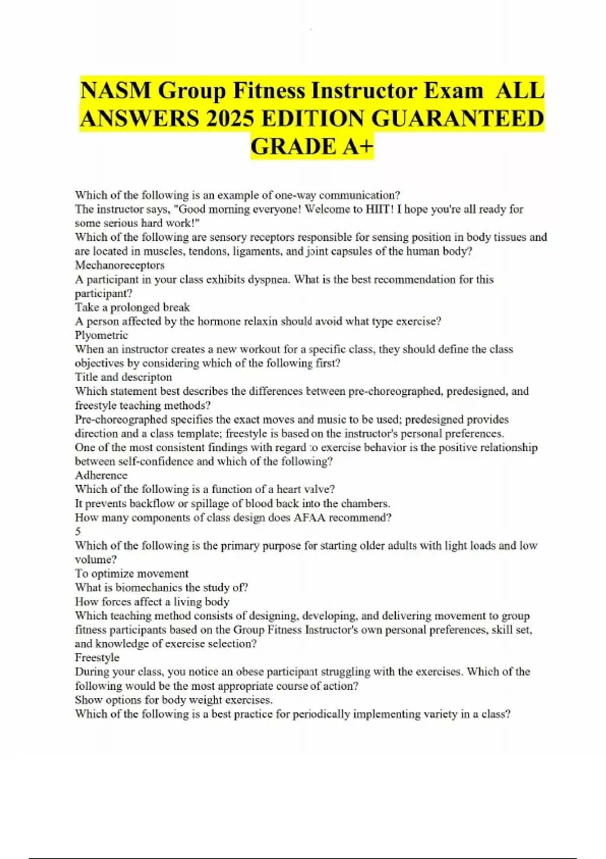 NASM Group Fitness Instructor Exam ALL ANSWERS 2025 EDITION GUARANTEED ...