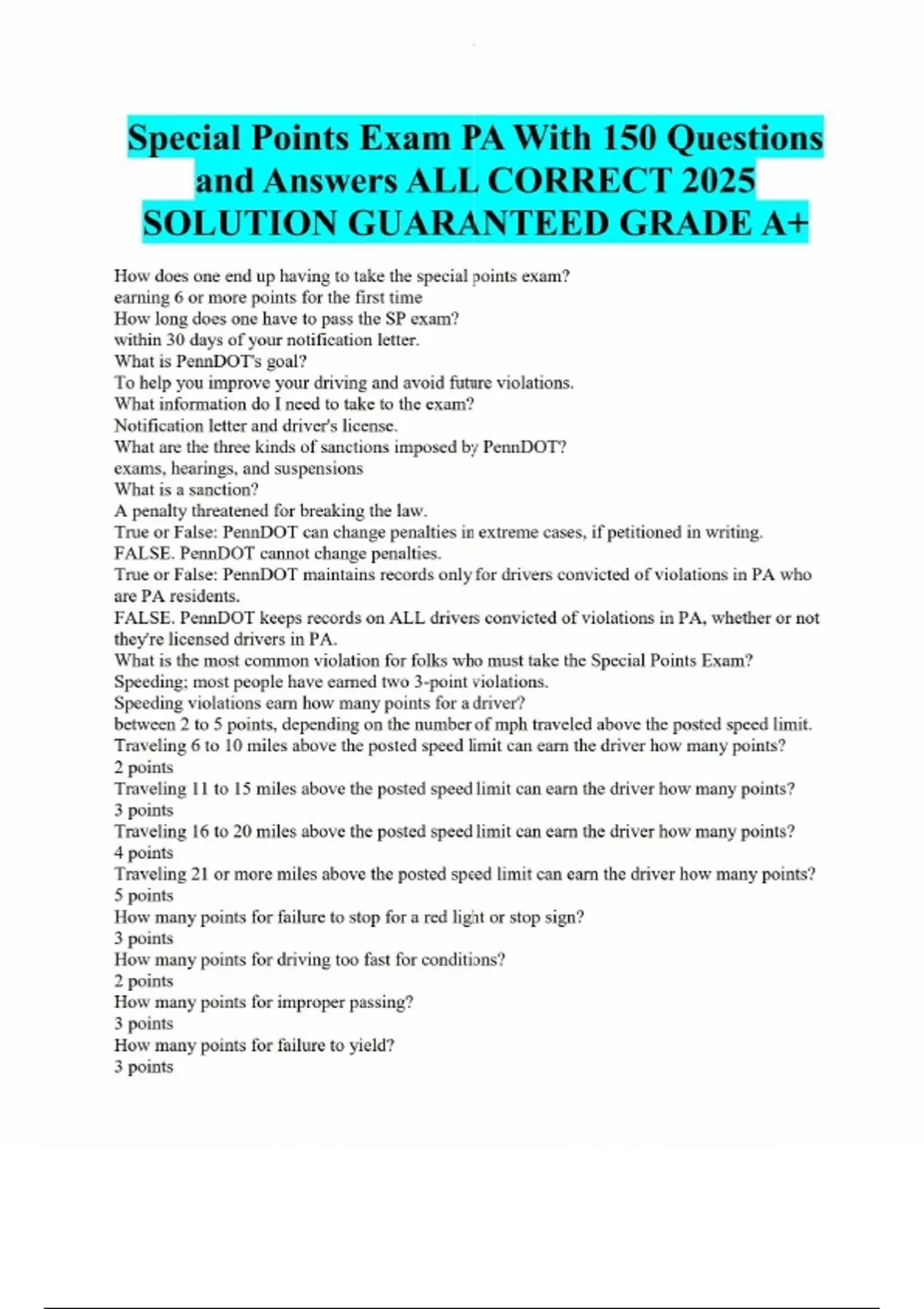 Special Points Exam PA With 150 Questions and Answers ALL CORRECT 2025 ...