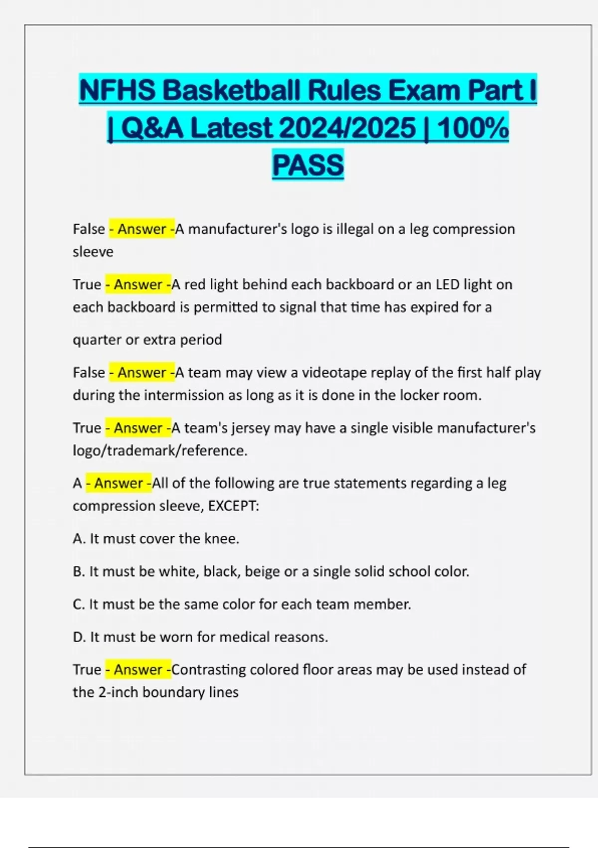 NFHS Basketball Rules Exam Part I | Q&A Latest 2024/2025 | 100% PASS ...