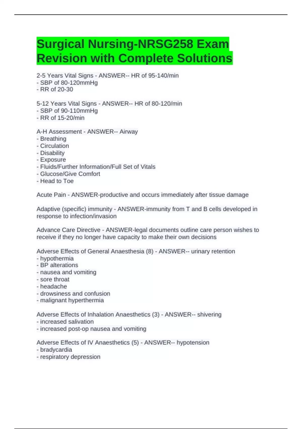 Surgical Nursing-NRSG258 Exam Revision with Complete Solutions ...