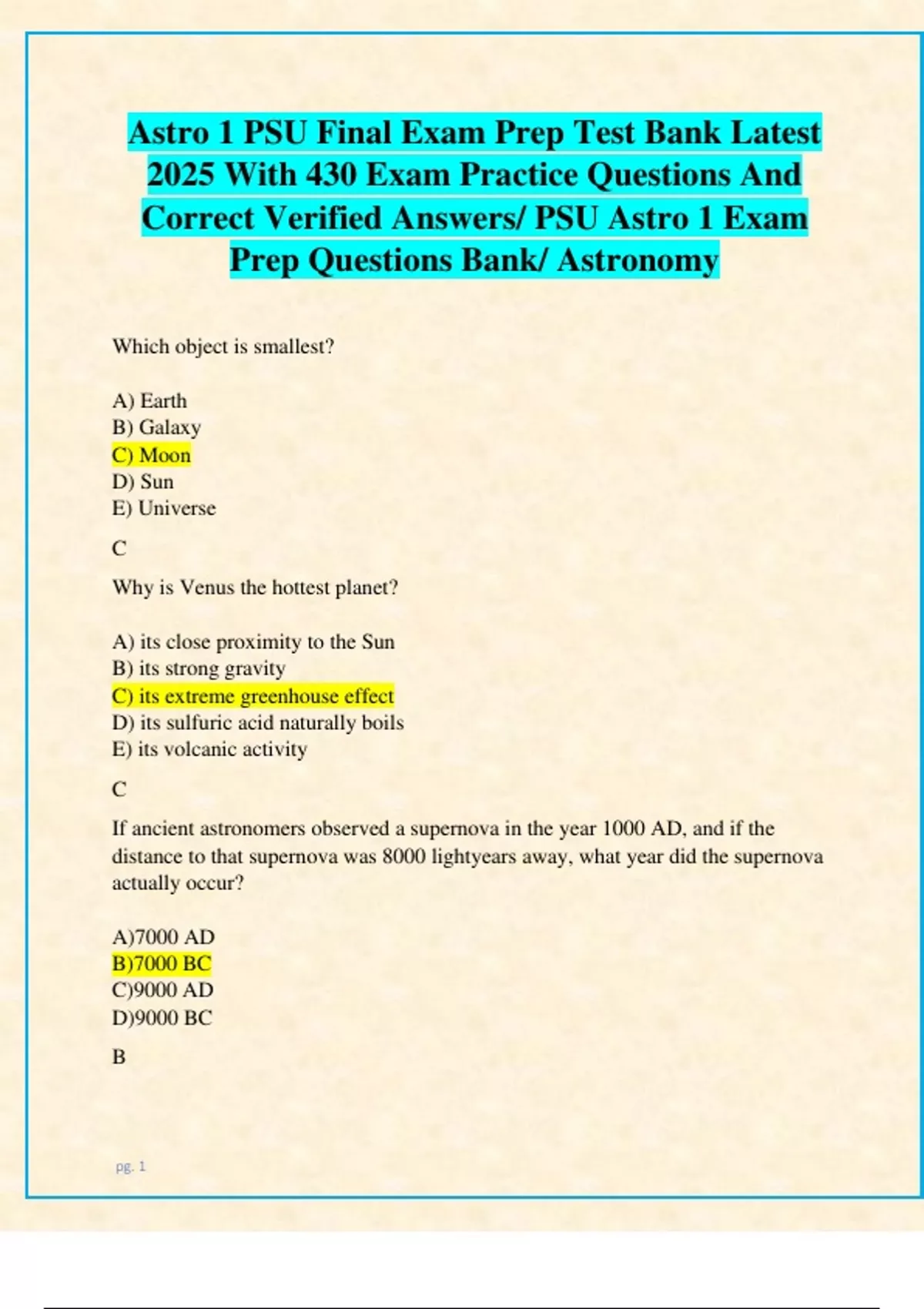 Astro 1 PSU Final Exam Prep Test Bank Latest 2025 With 430 Exam ...