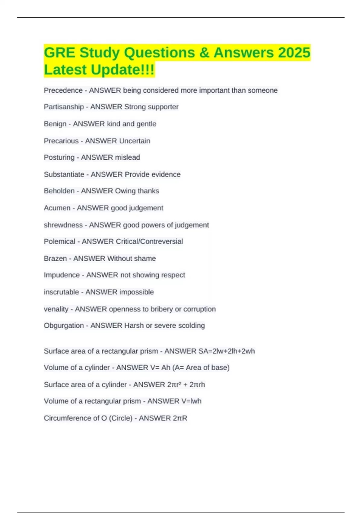 GRE Study Questions & Answers 2025 Latest Update!!! - GRE - Stuvia US
