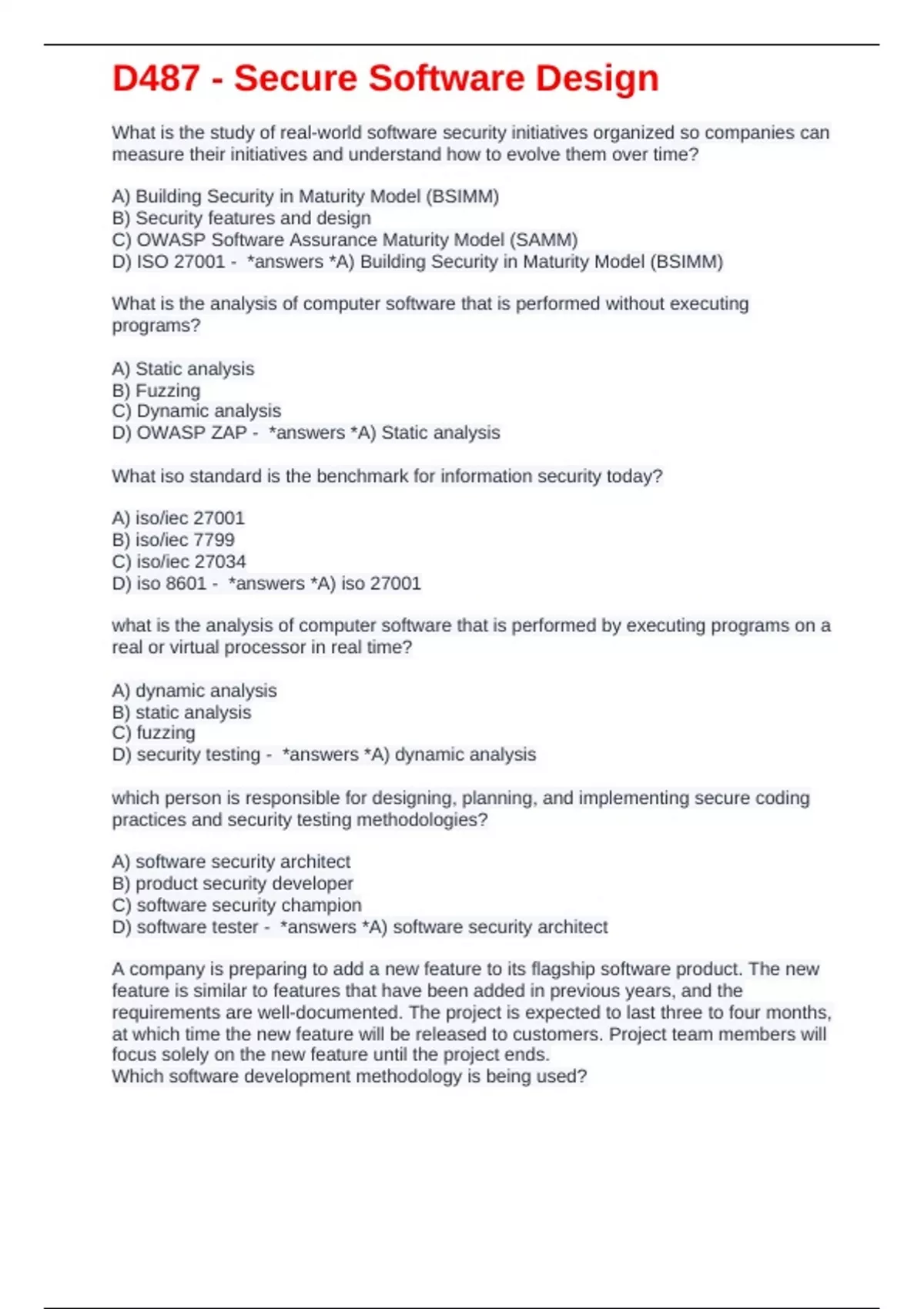 D487 – Secure Software Design – Western Governors University – Exam 2 Study Guide with Key ...