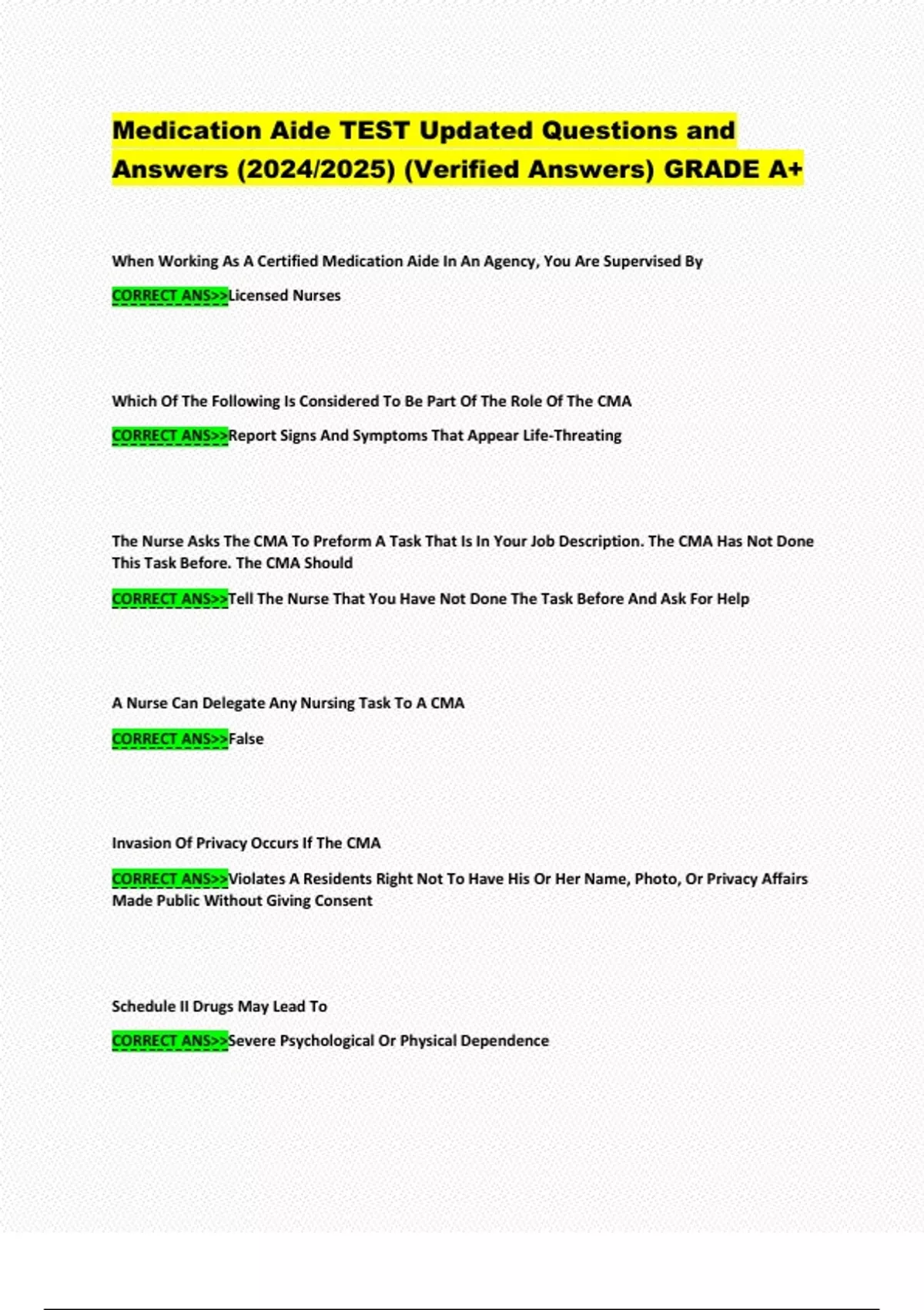 Medication Aide TEST Updated Questions and Answers (2024/2025 ...