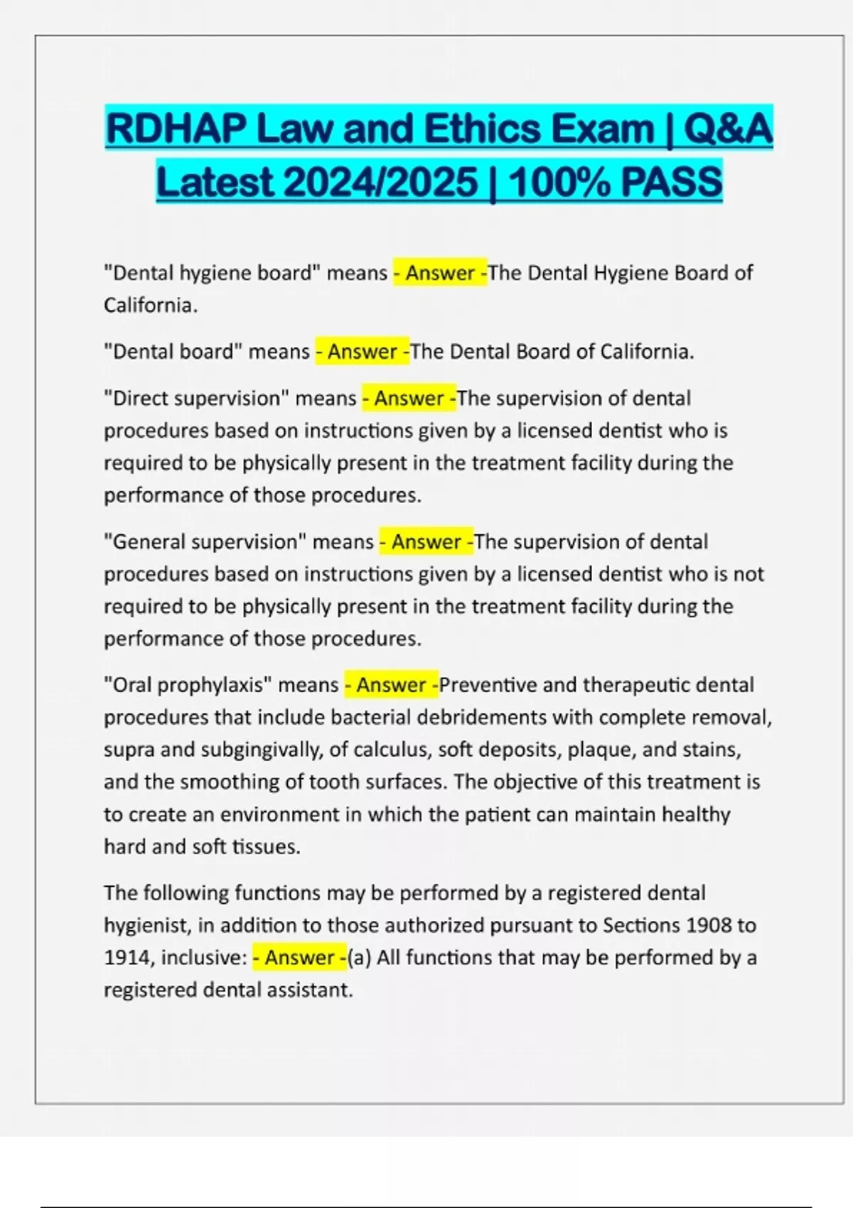 RDHAP Law and Ethics Exam | Q&A Latest 2024/2025 | 100% PASS - Law and ...