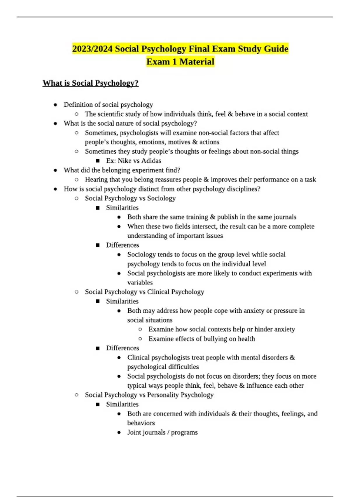 Social Psychology Final Exam Study Guide Exam 1 Material (Latest 2024/ ...