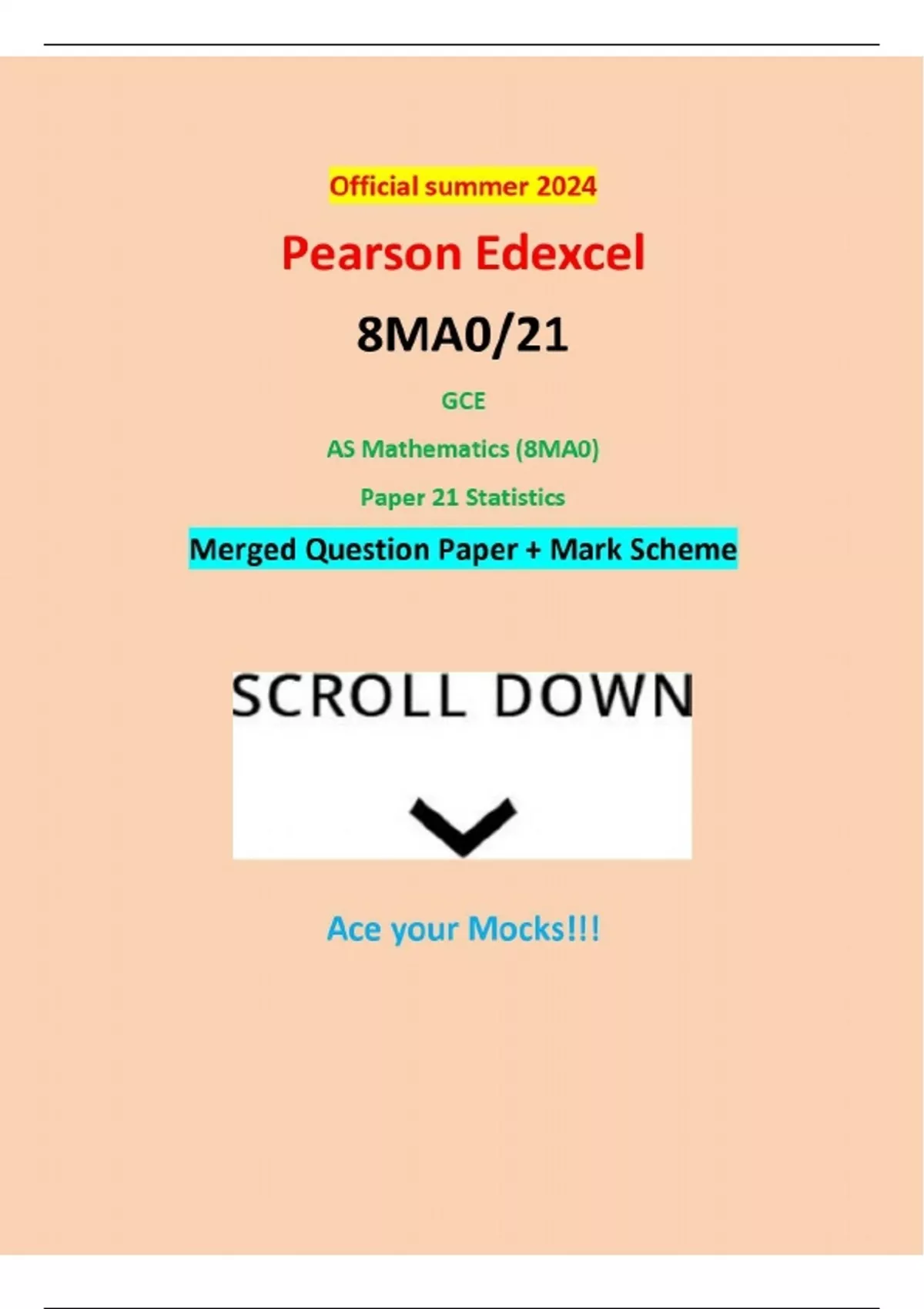 Official summer 2024 Pearson Edexcel 8MA0/21 GCE AS Mathematics (8MA0 ...