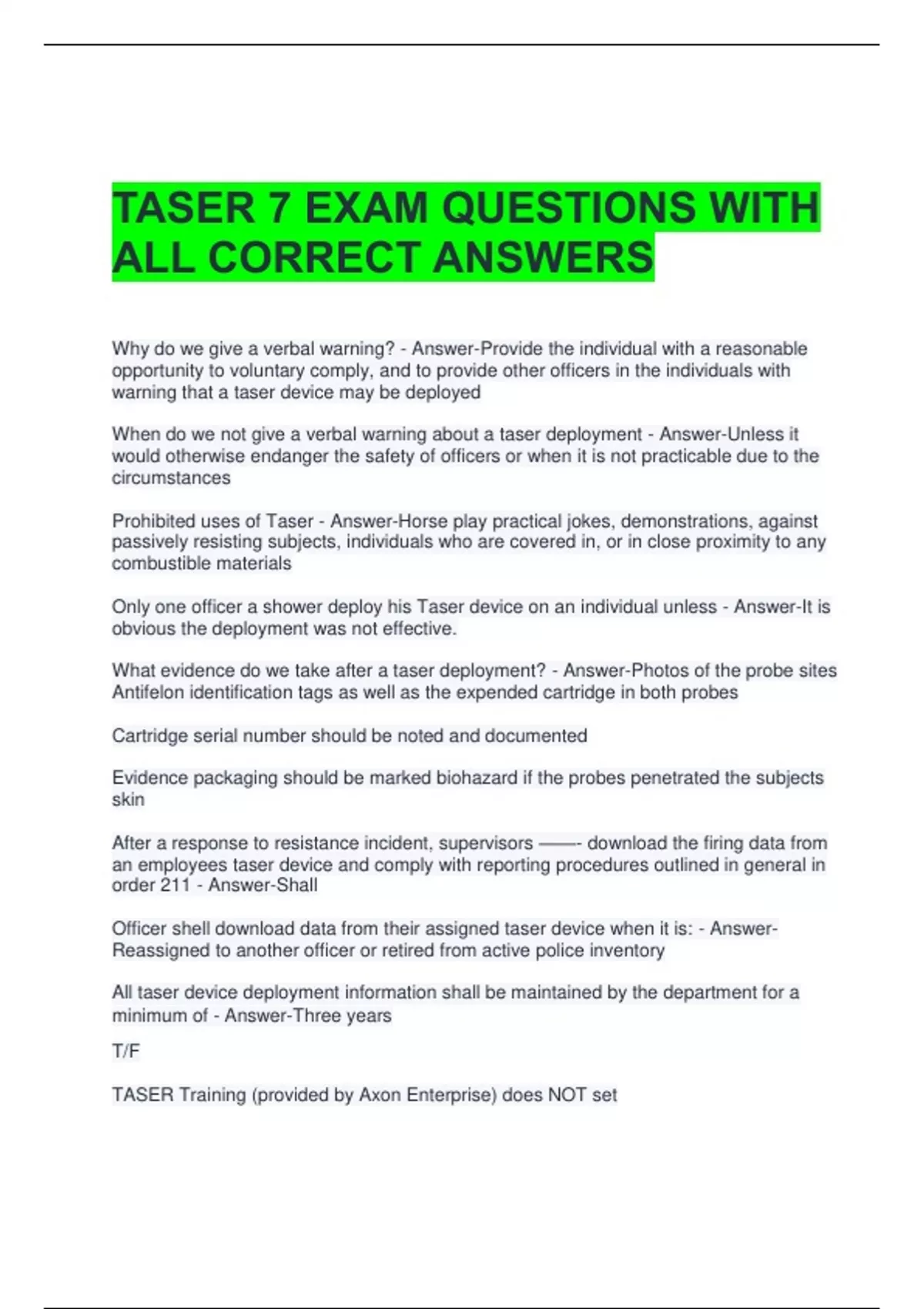 TASER 7 EXAM QUESTIONS WITH ALL CORRECT ANSWERS - TASER 7 - Stuvia US
