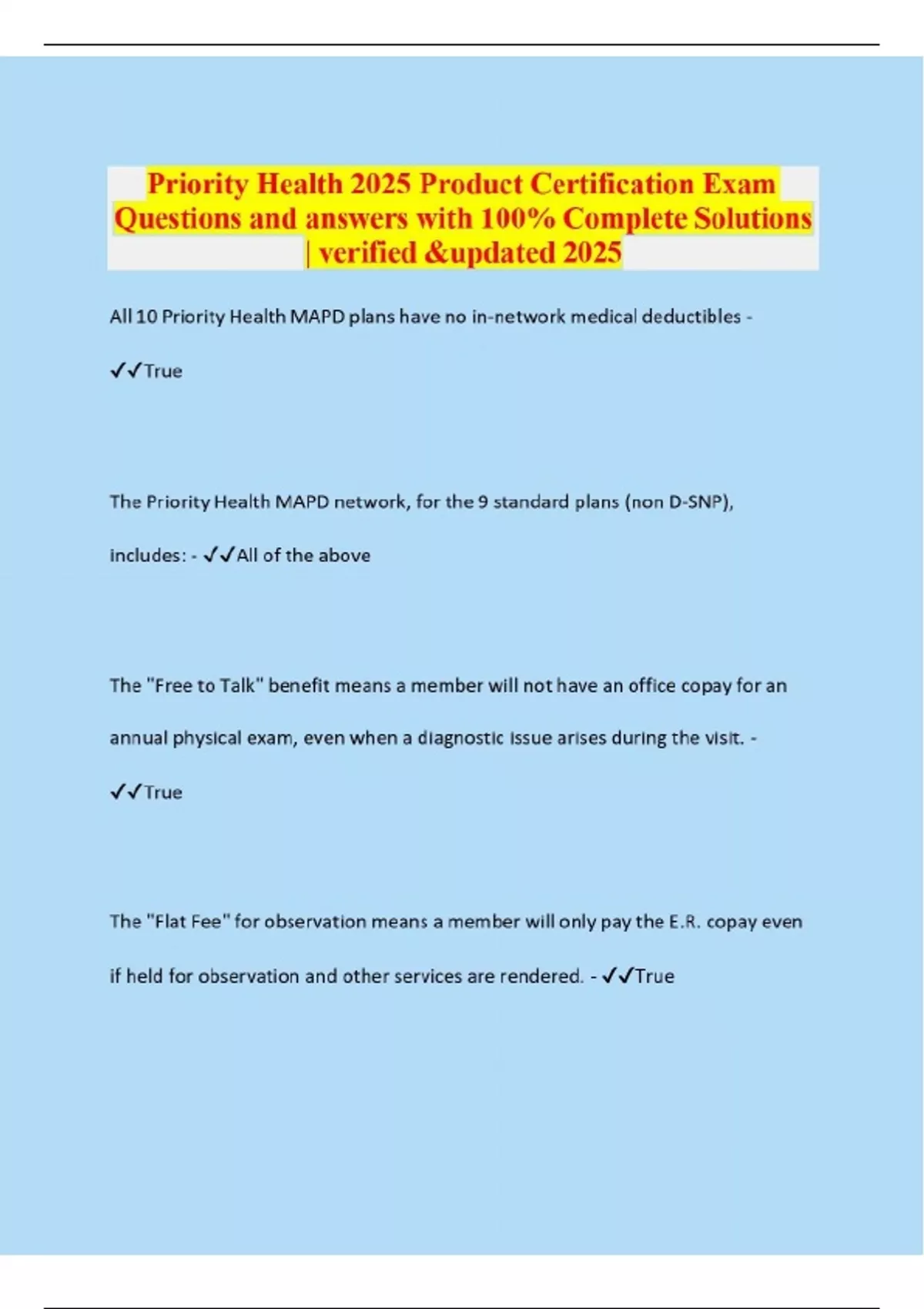 Priority Health 2025 Product Certification Exam Questions and answers ...