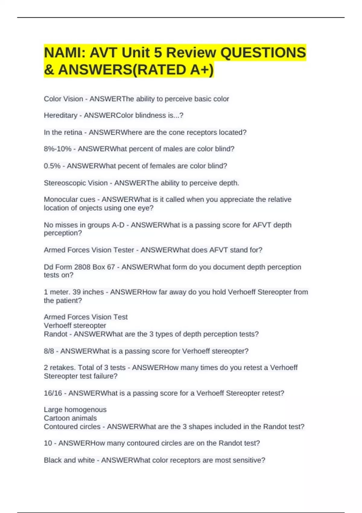 NAMI: AVT Unit 5 Review QUESTIONS & ANSWERS(RATED A+) - NAMI: AVT Unit ...