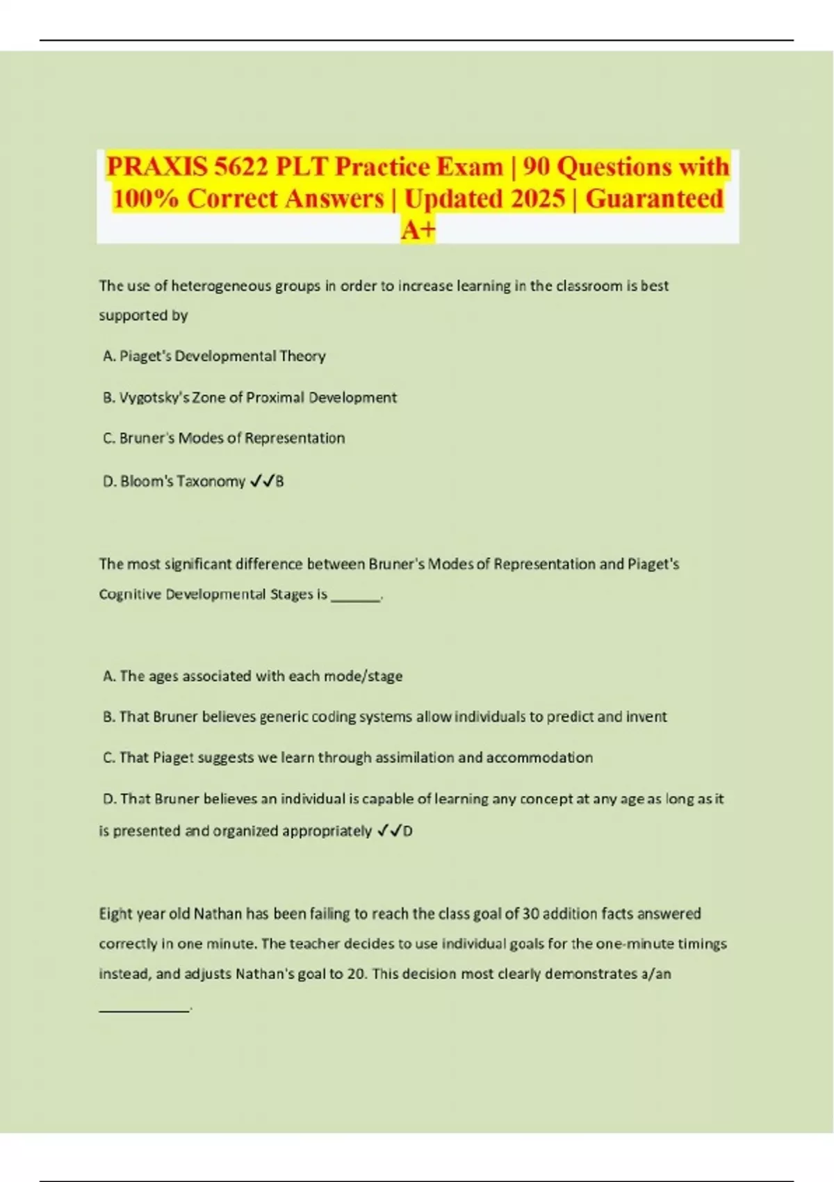 PRAXIS 5622 PLT Practice Exam | 90 Questions with 100% Correct Answers ...