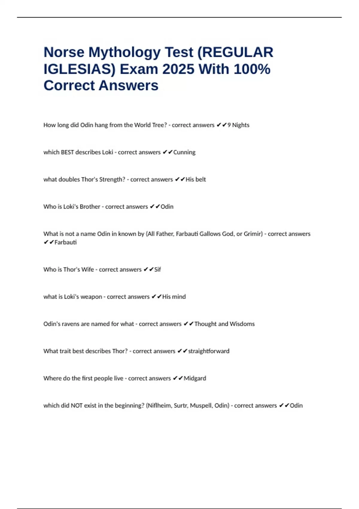 Norse Mythology Test (REGULAR IGLESIAS) Exam 2025 With 100% Correct ...