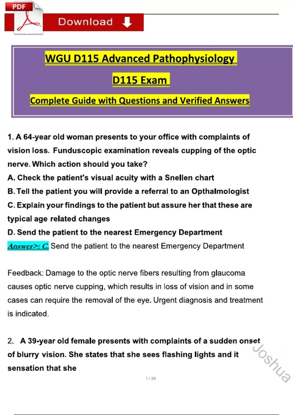 WGU D115 Advanced Pathophysiology Exam Questions (Latest 2025 / 2026 ...