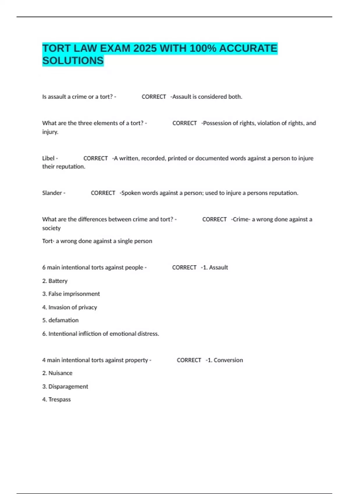 TORT LAW EXAM 2025 WITH 100% ACCURATE SOLUTIONS - TORT LAW - Stuvia US
