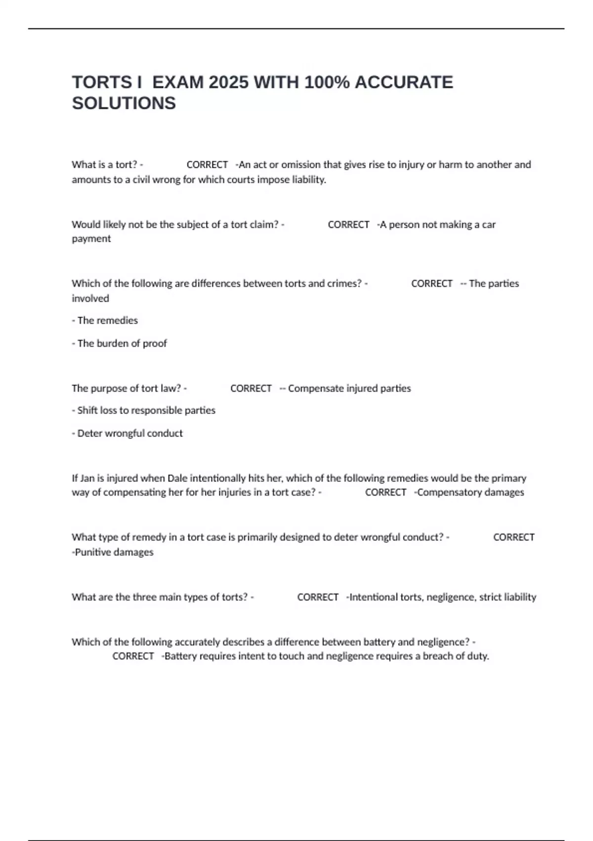 TORTS I EXAM 2025 WITH 100% ACCURATE SOLUTIONS - TORTS I - Stuvia US