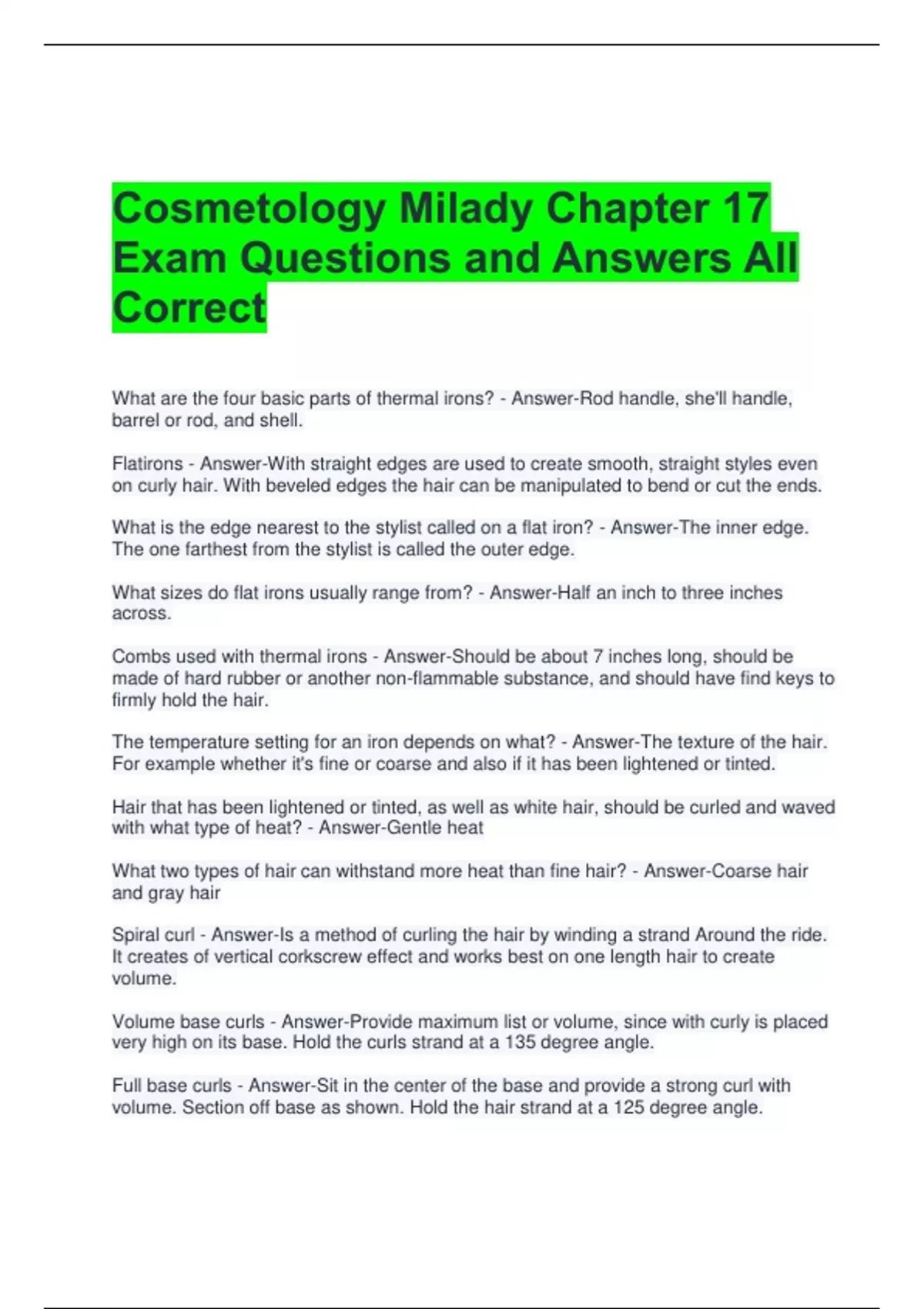 Cosmetology Milady Chapter 17 Exam Questions and Answers All Correct ...