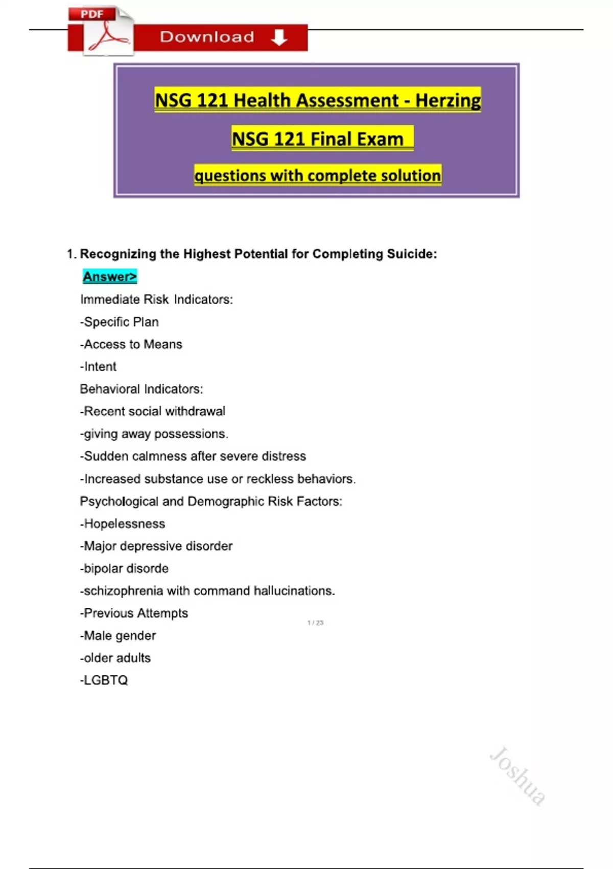 Herzing NSG 121 Final Exam Health Assessment Tested (Latest 2025 / 2026 ...