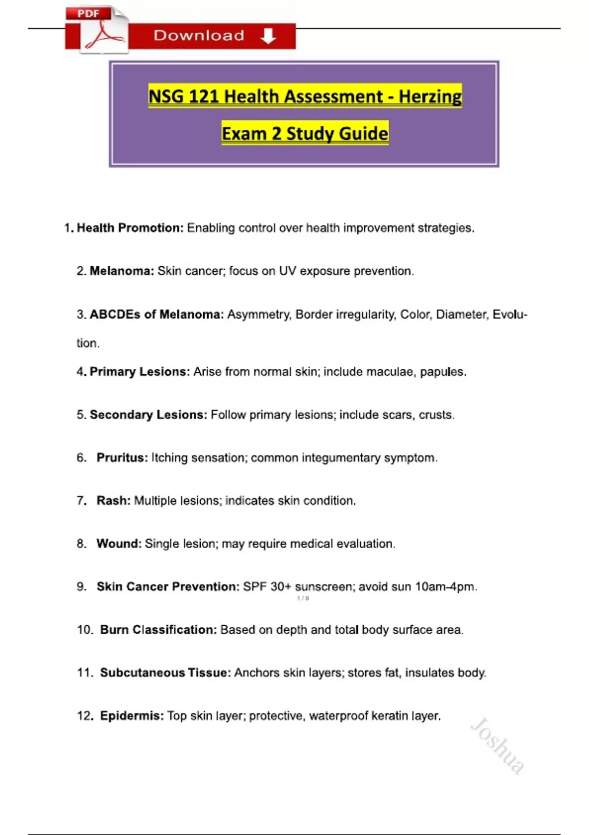 Herzing NSG 121 Exam 2 Study Guide Health Assessment (Latest 2025 / ...