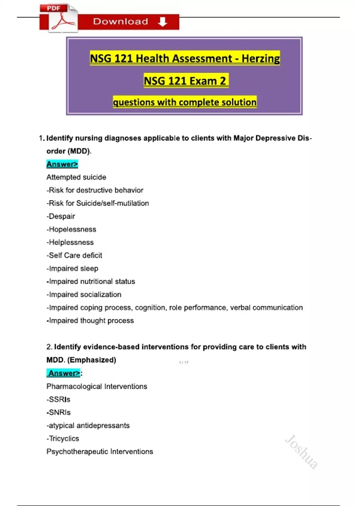 Health Assessment NSG 121 Exam 2 Questions (Latest 2025 / 2026) with ...