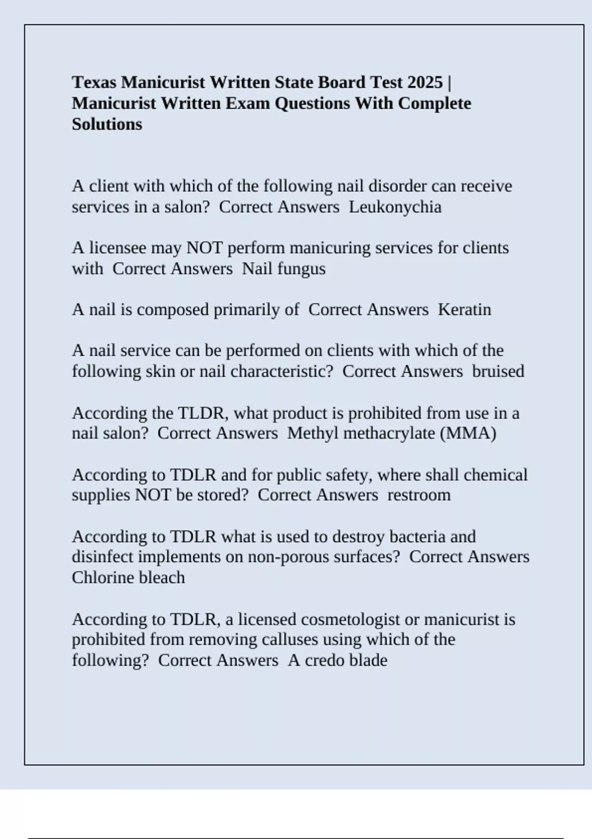 Texas Manicurist Written State Board Test 2025 | Manicurist Written ...