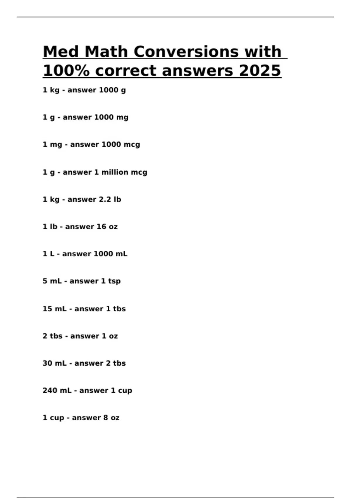 Med Math Conversions with 100- correct answers 2025 - Med Surg 201 ...
