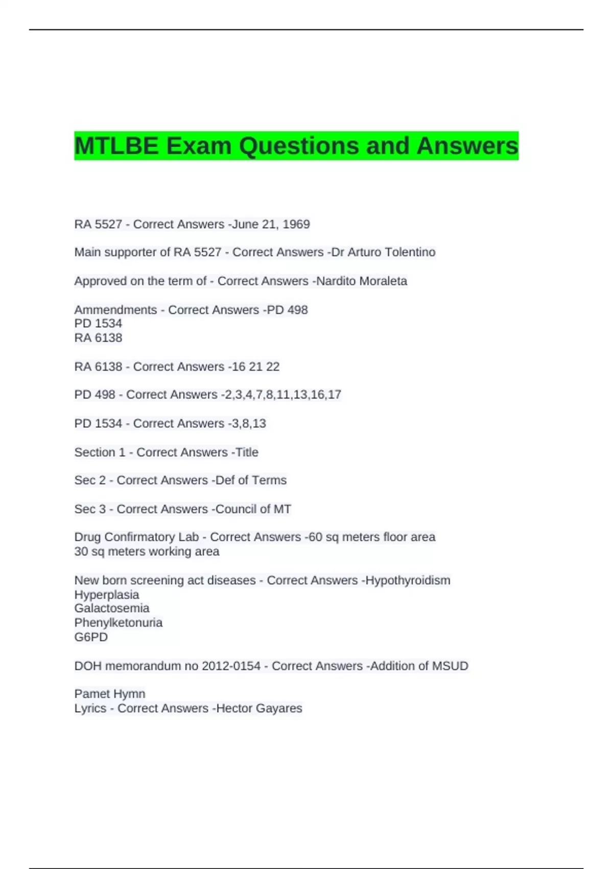 MTLBE Exam Questions and Answers - MTLBE - Stuvia US