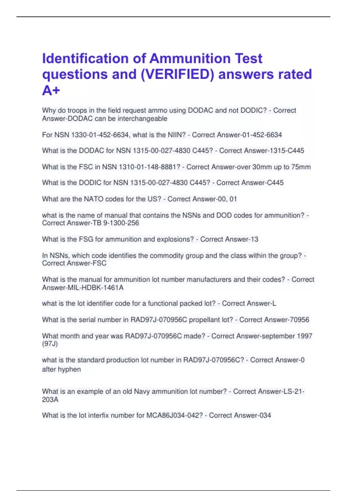 Identification of Ammunition Test questions and (VERIFIED) answers ...