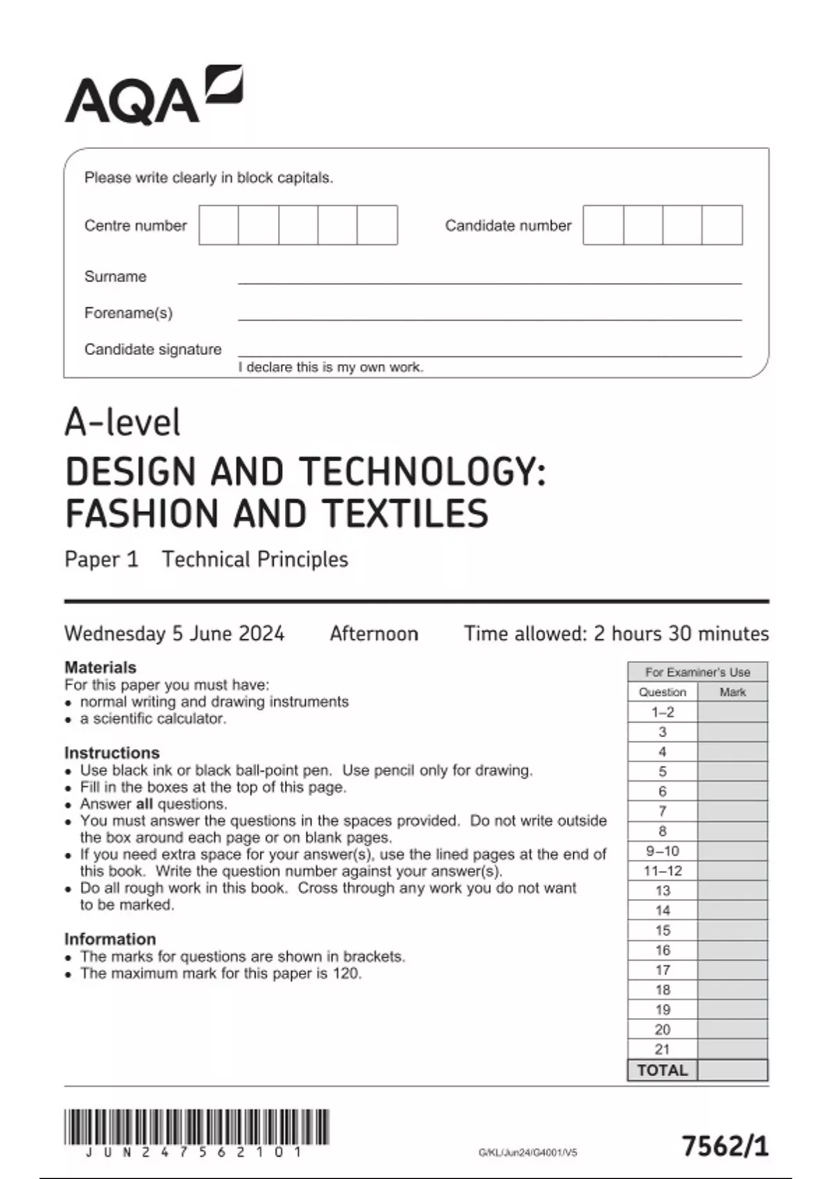 AQA A-level DESIGN AND TECHNOLOGY: FASHION AND TEXTILES Paper 1 JUNE ...