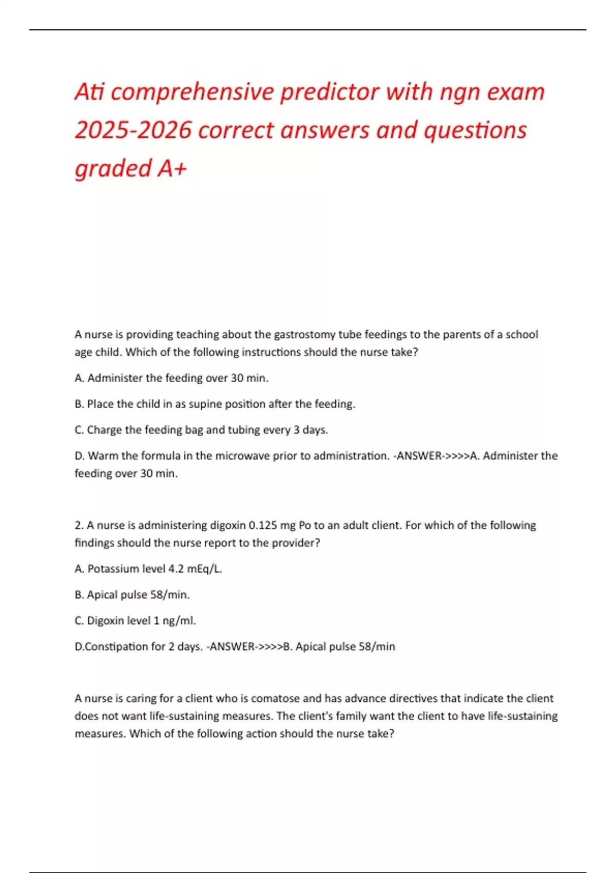 Ati comprehensive predictor with ngn exam correct answers and questions ...