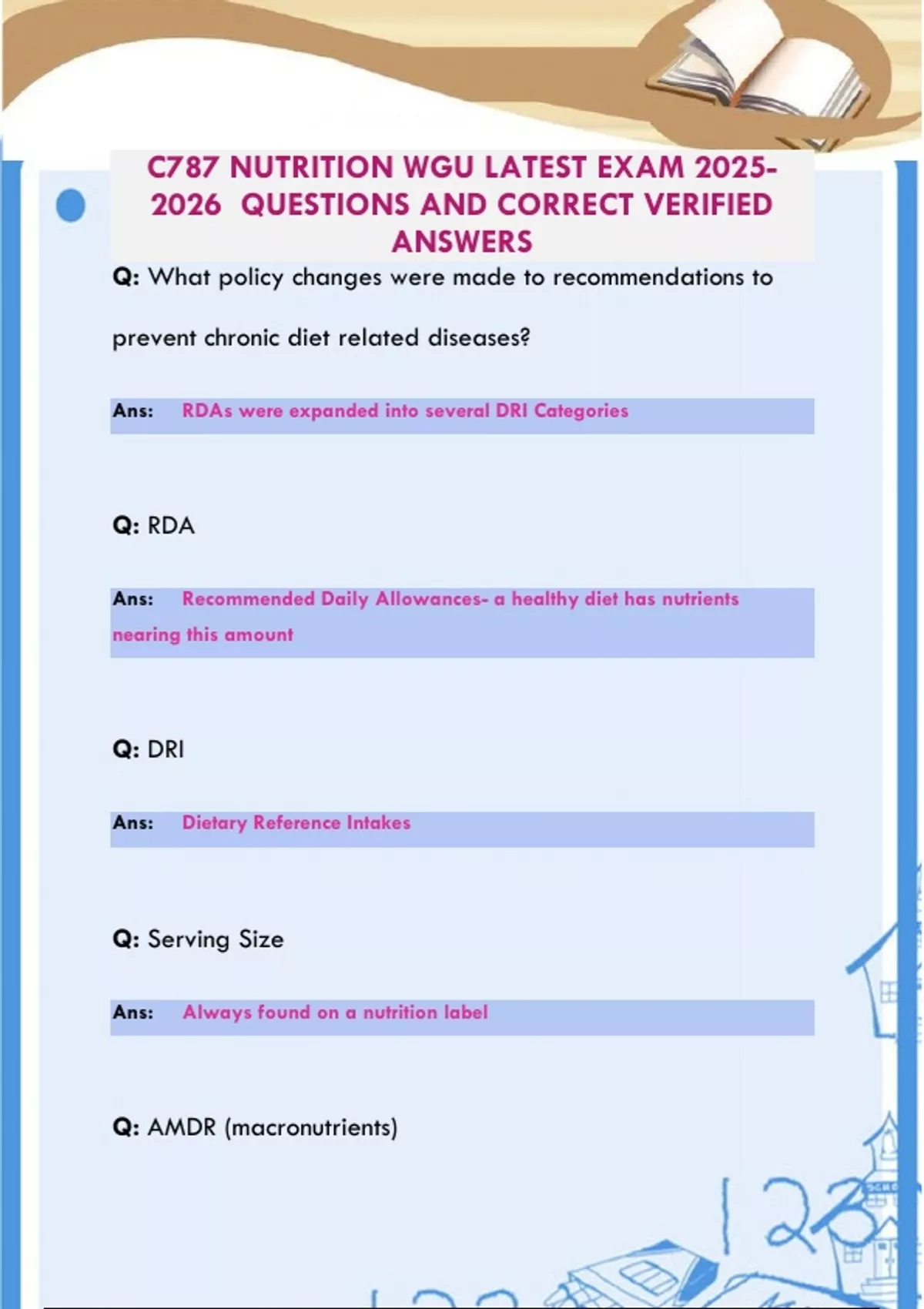 C787 NUTRITION WGU LATEST EXAM QUESTIONS AND CORRECT VERIFIED ANSWERS ...