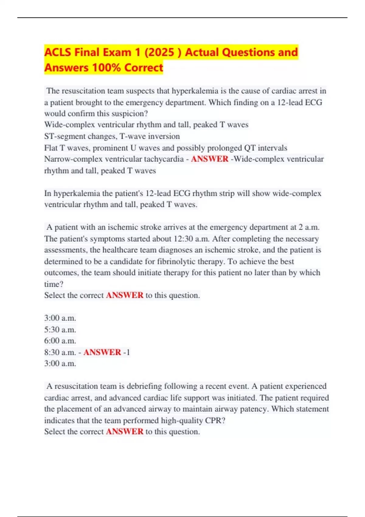 ACLS Final Exam 1 (2025 ) Actual Questions and Answers 100% Correct ...