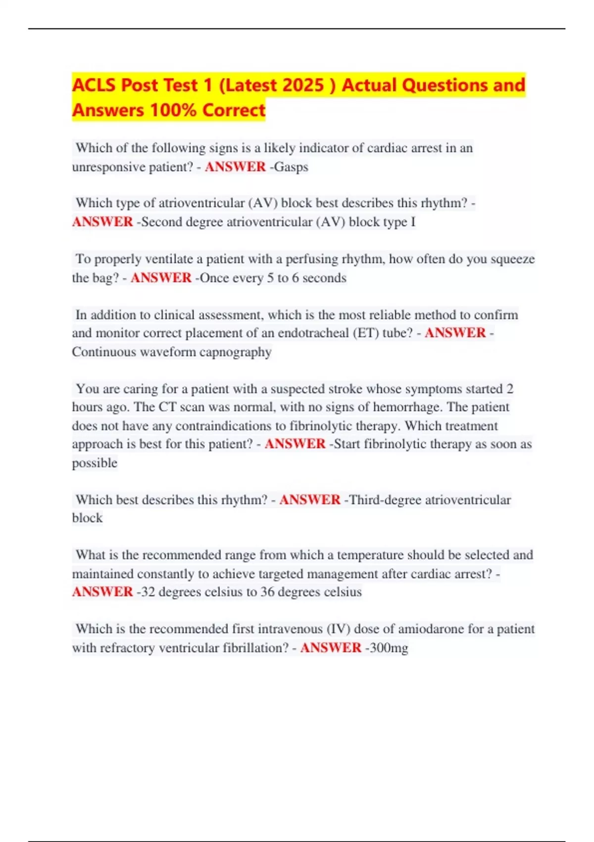 ACLS Post Test 1 (Latest 2025 ) Actual Questions and Answers 100% ...