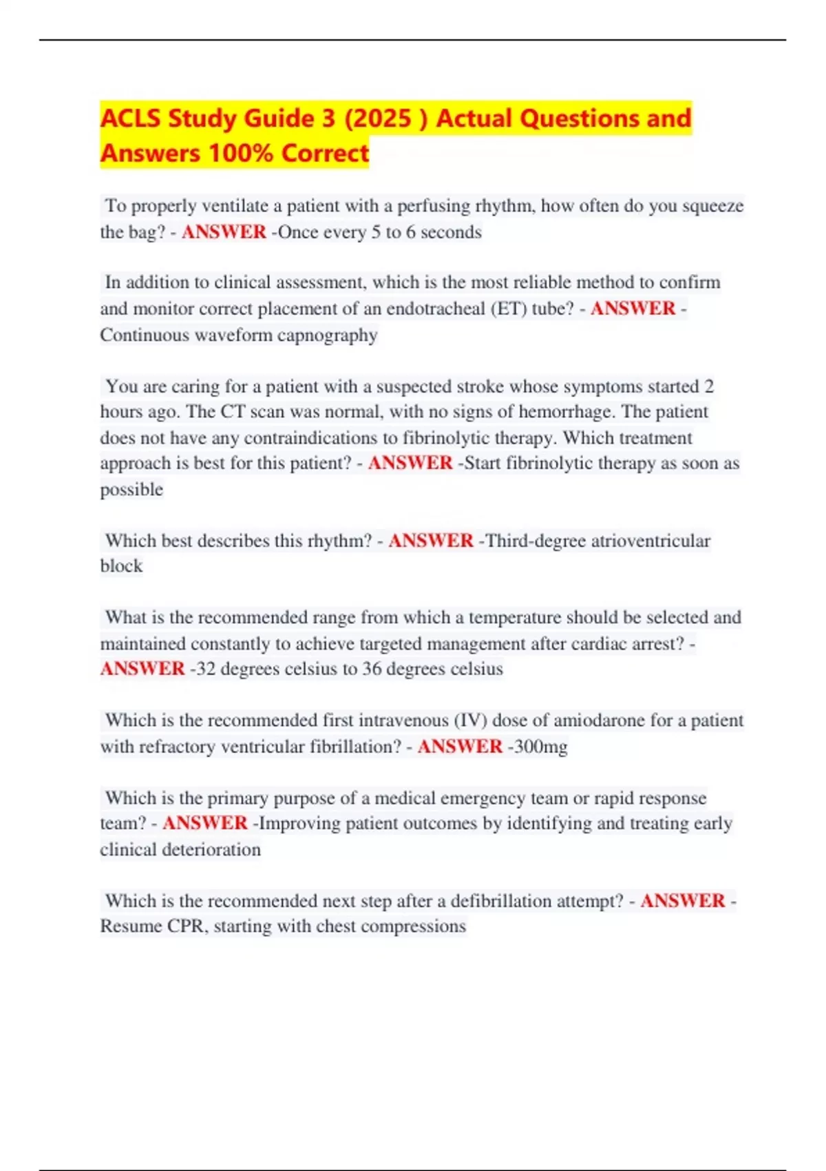 ACLS Study Guide 3 (2025 ) Actual Questions and Answers 100% Correct ...