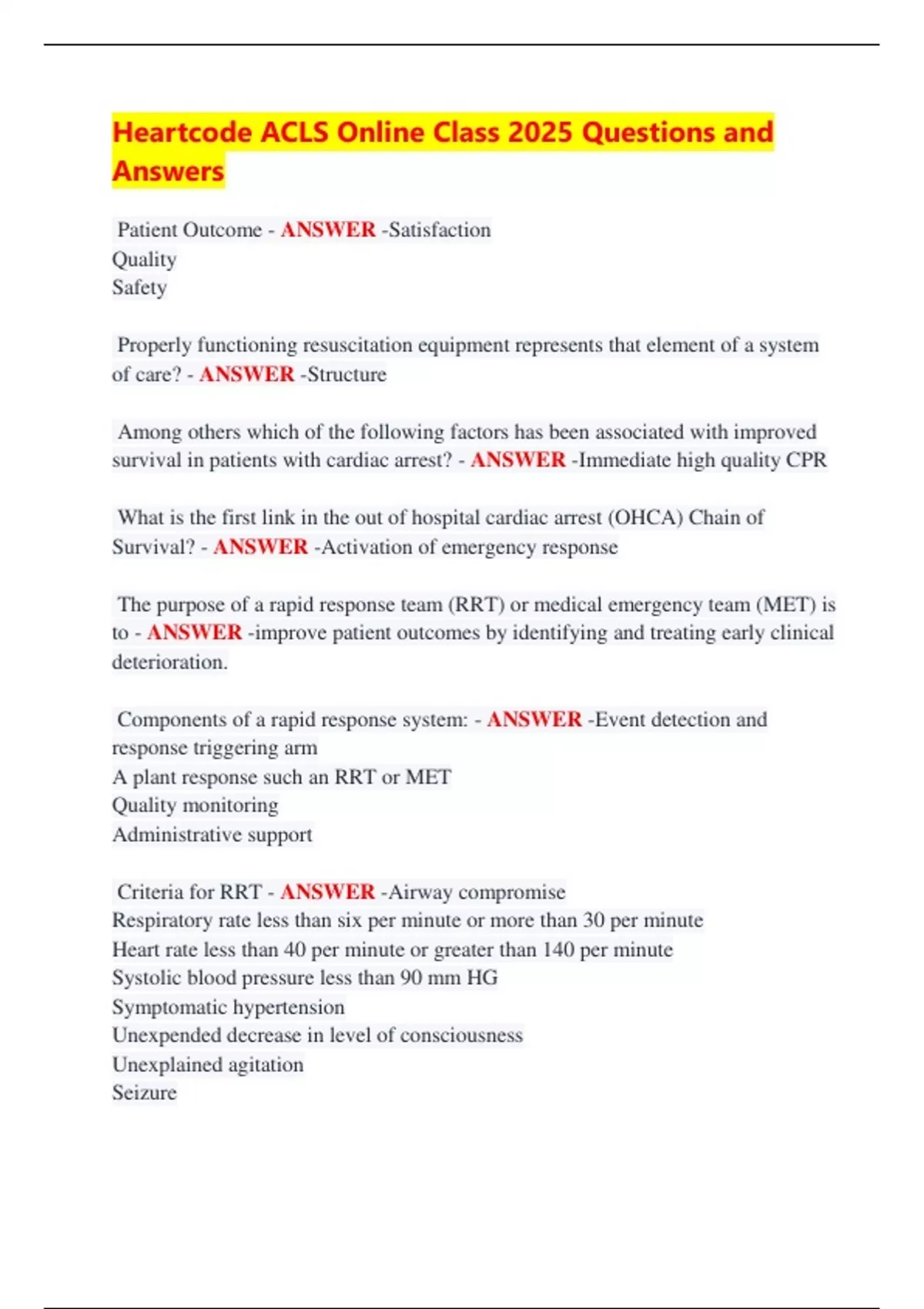 Heartcode ACLS Online Class 2025 Questions and Answers - Heartcode ACLS ...
