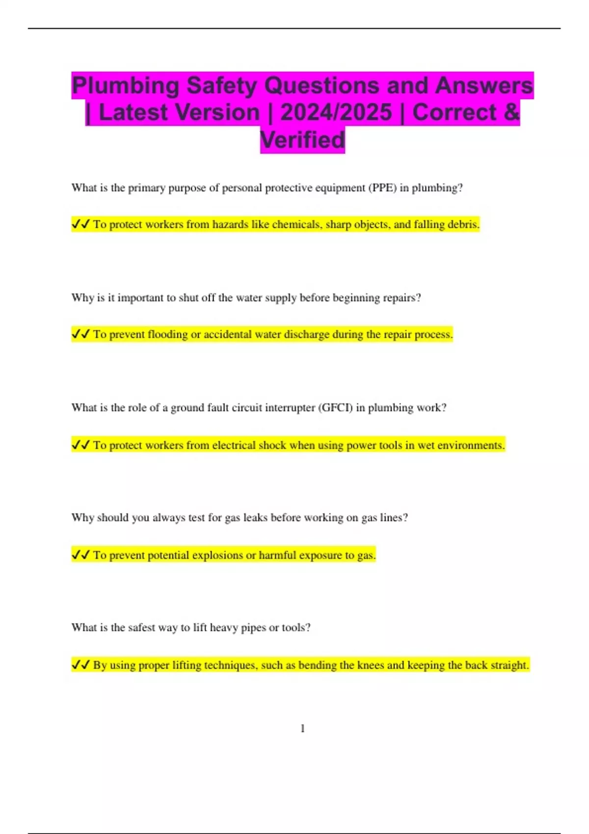 Plumbing Safety Questions and Answers | Latest Version | 2024/2025 ...