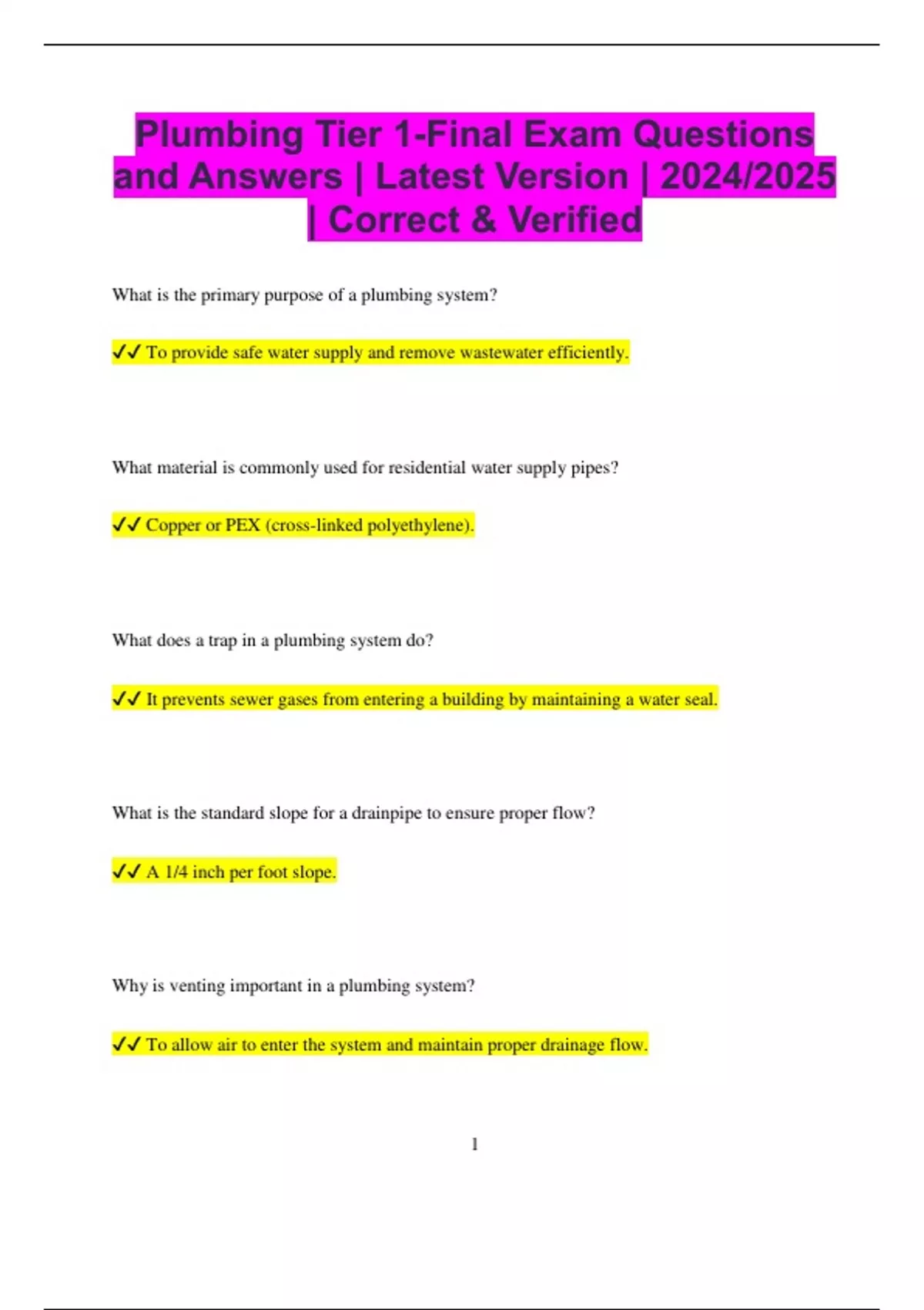 Plumbing Tier 1-Final Exam Questions and Answers | Latest Version ...