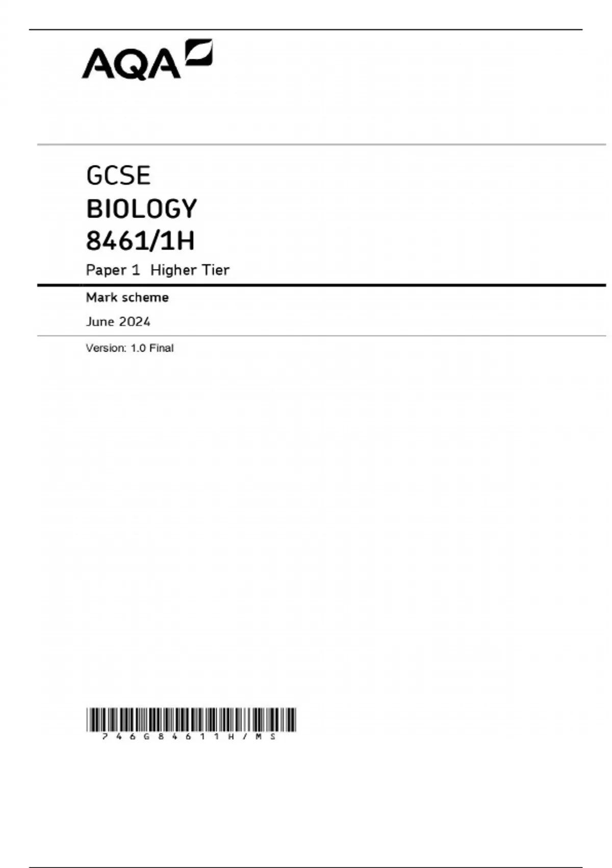 GCSE AQA May 2024 Higher Triple Science Biology Paper 1 84611H Question ...