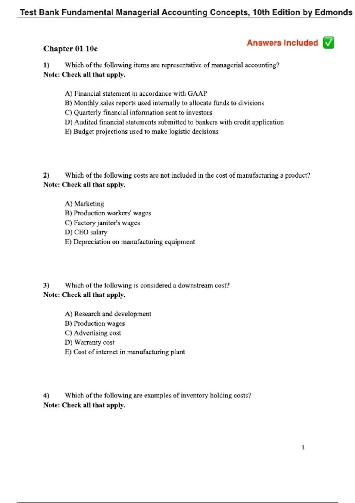 Test Bank Fundamental Managerial Accounting Concepts, 10th Edition ...