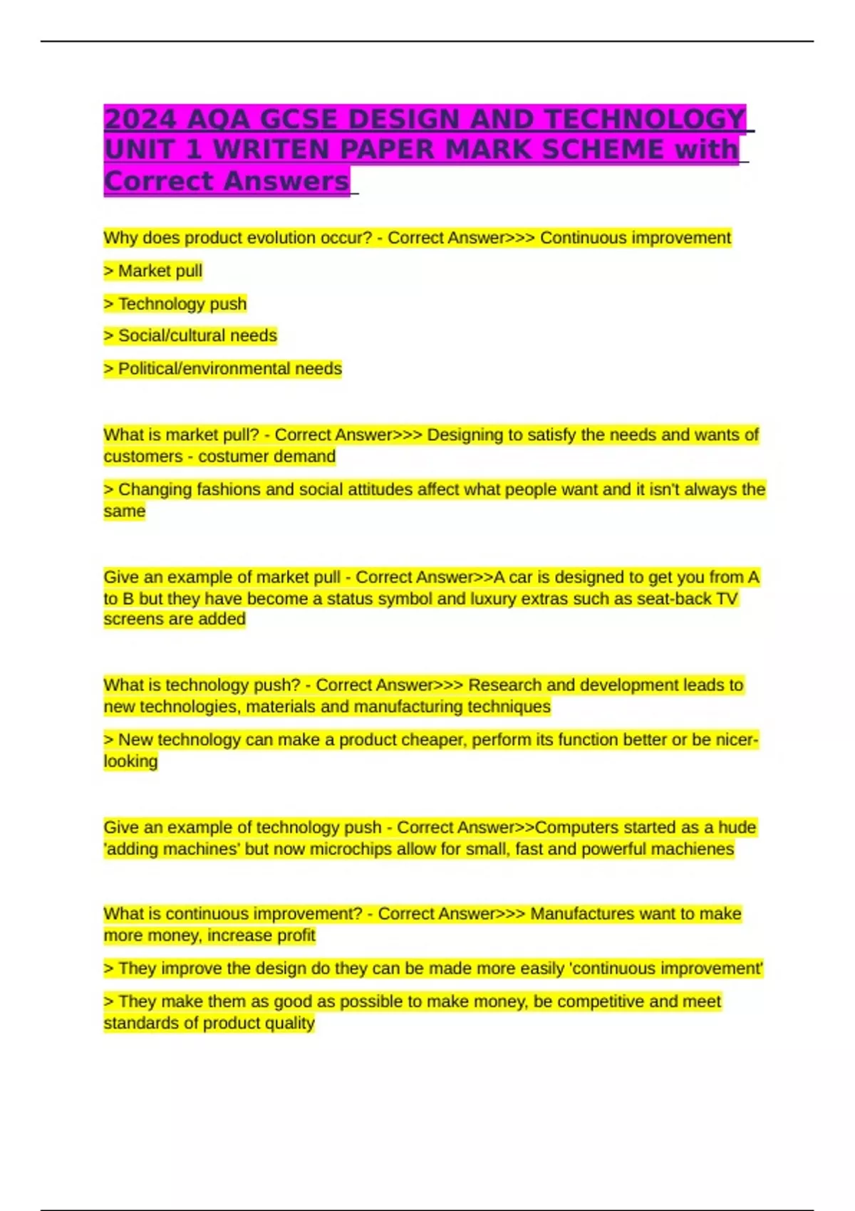 2024 AQA GCSE DESIGN AND TECHNOLOGY UNIT 1 WRITEN PAPER MARK SCHEME ...