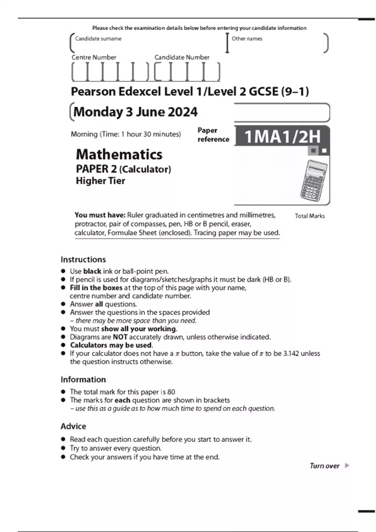 ACTUAL EDEXCEL GCSE 2024 MATHS HIGHER TIER PAPER 2 QUESTION PAPER ...