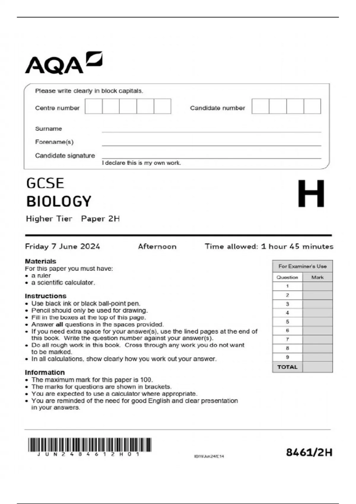 GCSE AQA JUNE 2024 HIGHER TRIPLE SCIENCE BIOLOGY PAPER 2 - Science ...
