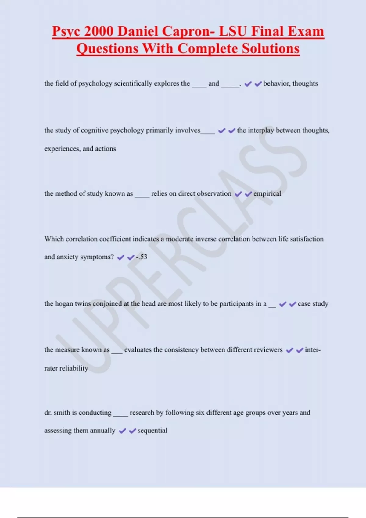 Psyc 2000 Daniel Capron- LSU Final Exam Questions With Complete ...