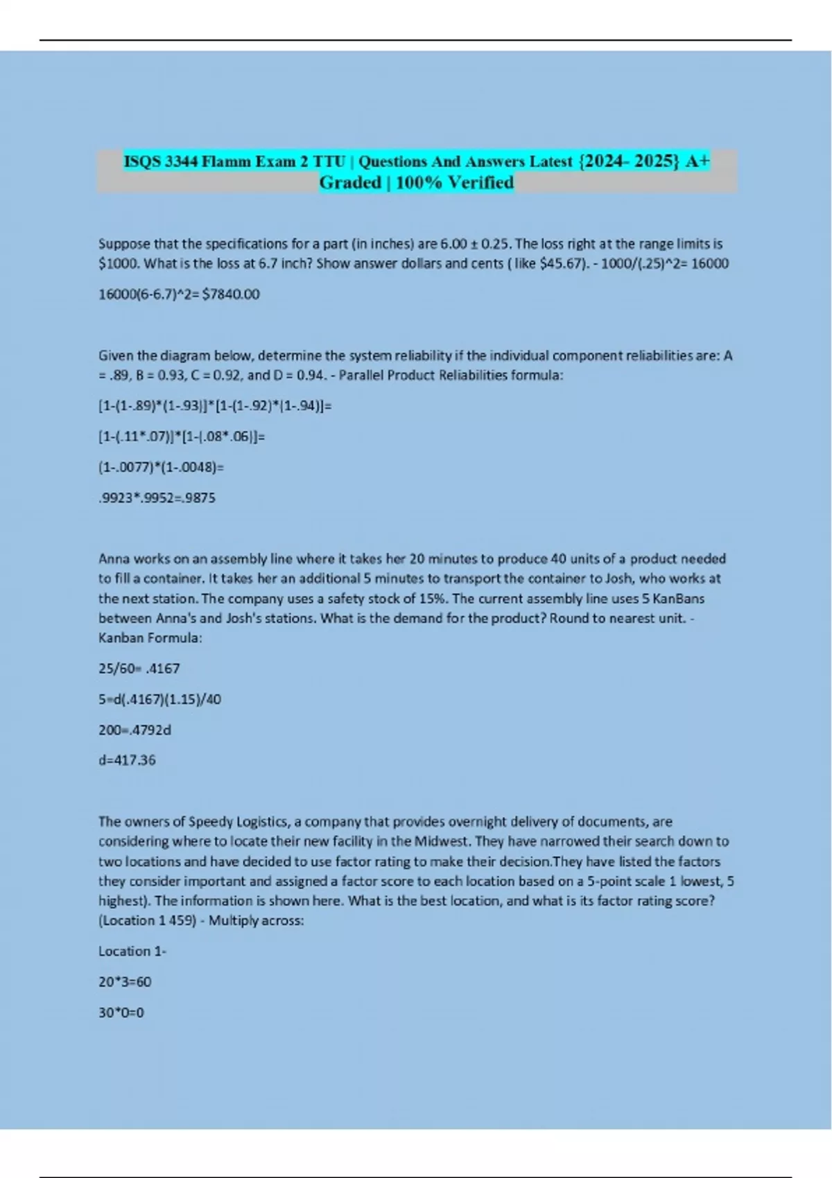 ISQS 3344 Flamm Exam 2 TTU | Questions And Answers - ISQS 3344 - Stuvia US