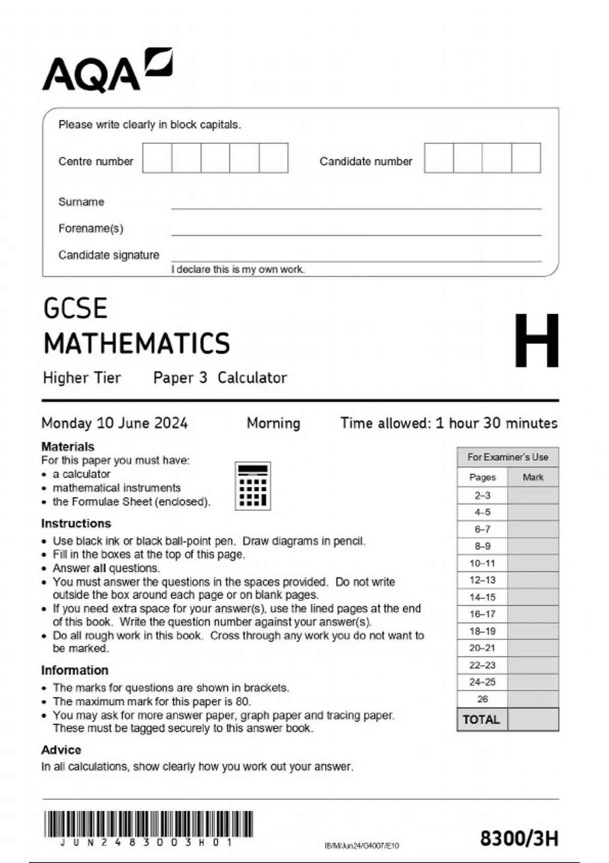 2025 AQA GCSE MATHEMATICS PAPER 3 83003H HIGHER TIER (CALCULATOR ...