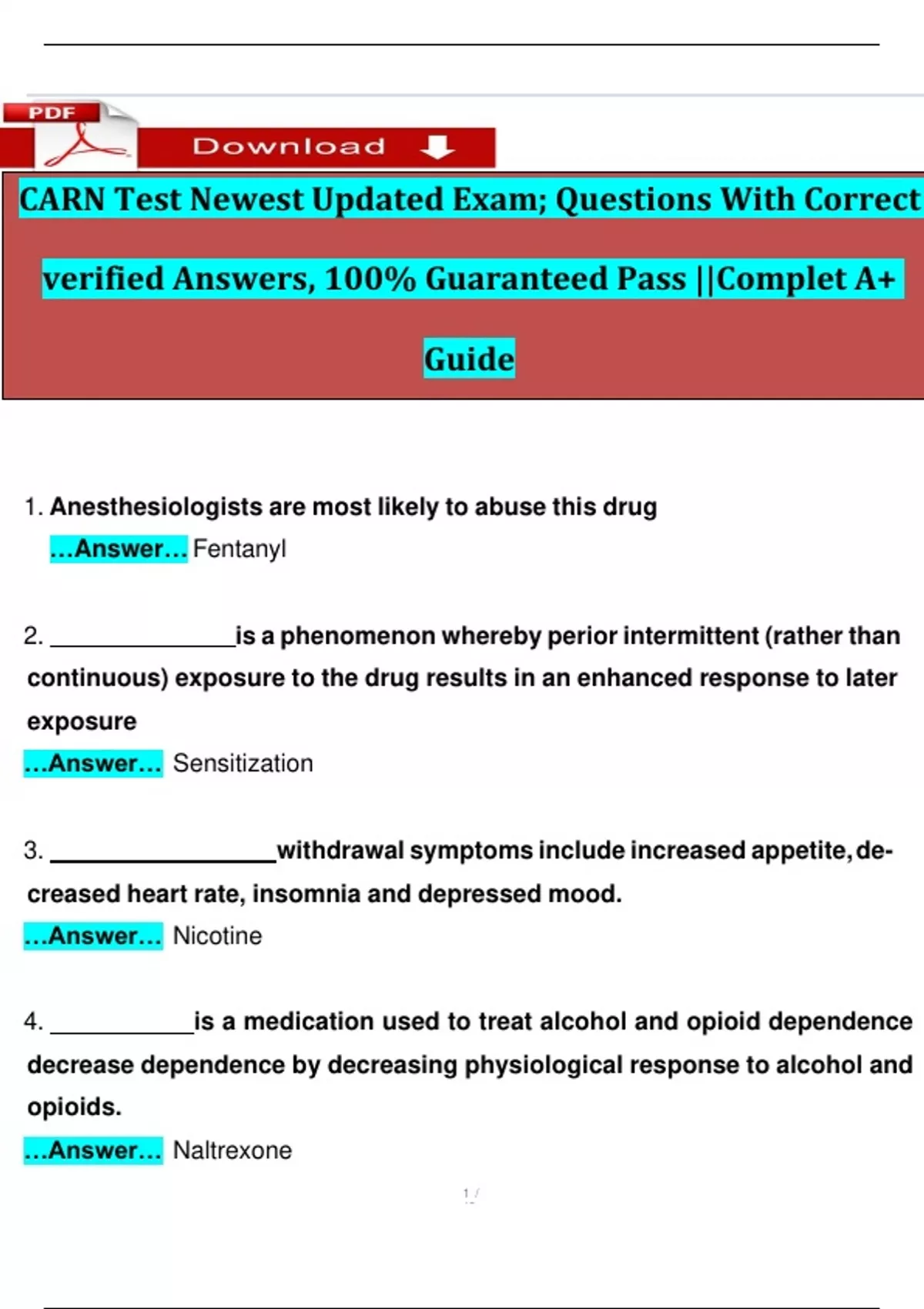 CARN Test Newest Updated Exam; Questions With Correct verified Answers ...