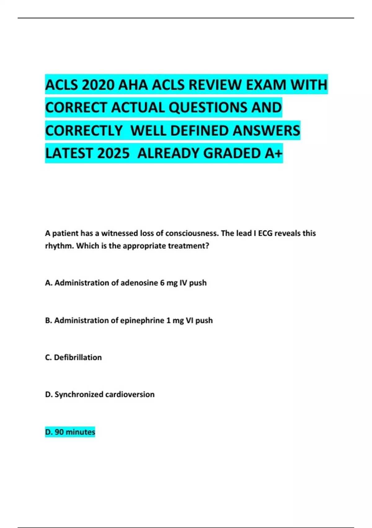 ACLS 2020 AHA ACLS REVIEW EXAM WITH CORRECT ACTUAL QUESTIONS AND ...