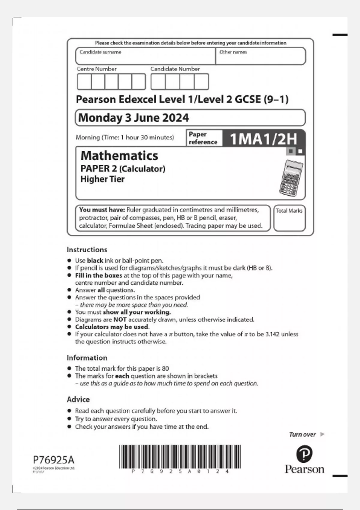 Edexcel GCSE May 2024 Higher Mathematics Paper 2 Question Paper + Mark ...