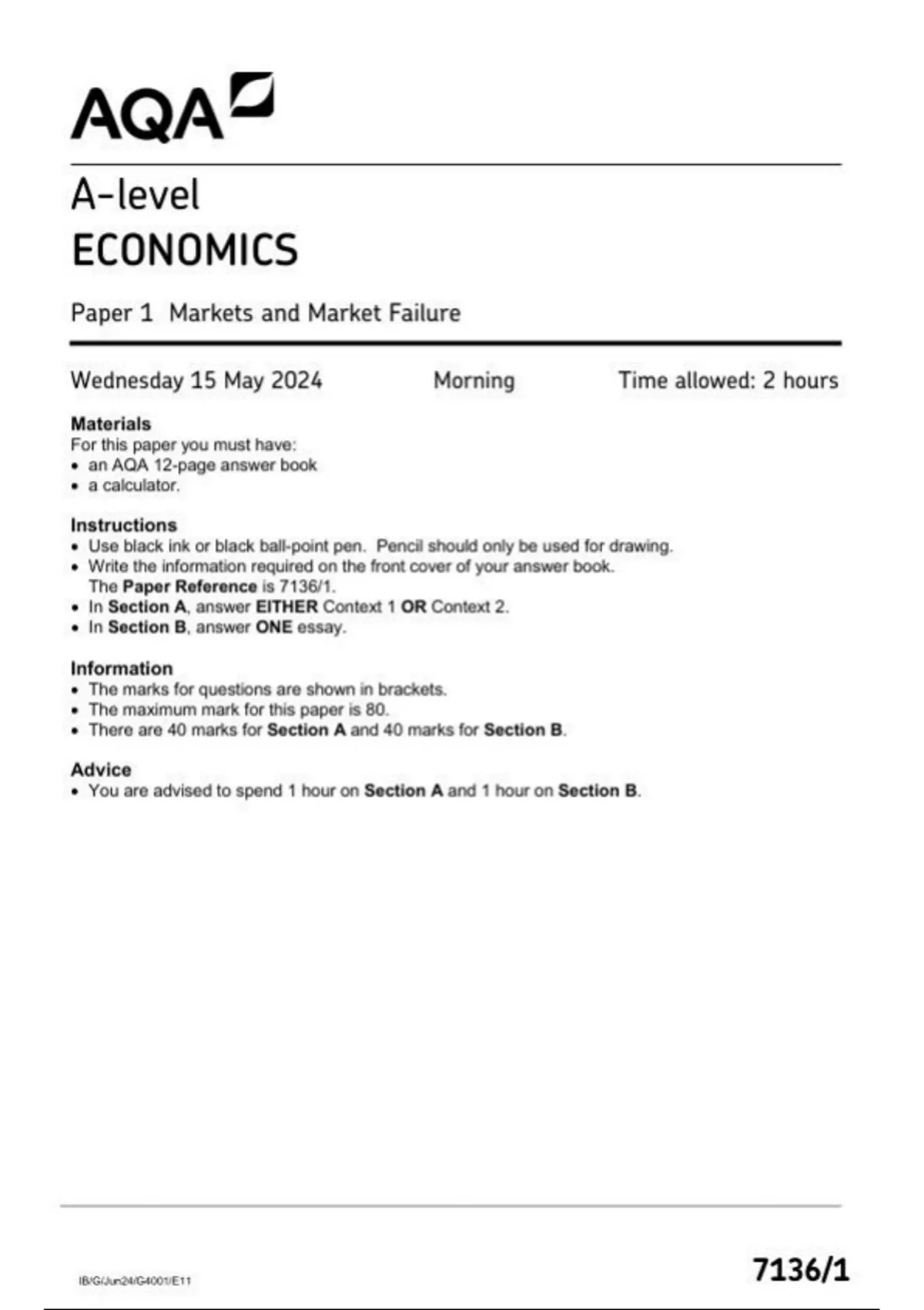 AQA A LEVEL ECONOMICS PAPER 1 JUNE 2024 FINAL QUESTION PAPER AND MARK ...